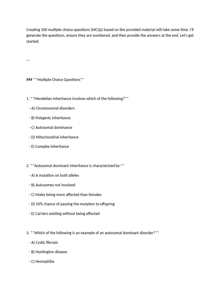 100 mcq's on the molecular basis of genetic disorders | PDF | Genetic ... 100 mcq's on the molecular basis of genetic disorders | PDF | Genetic ...