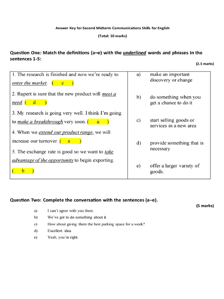 Answer Key For Second Midterm Communications Skills For English | PDF