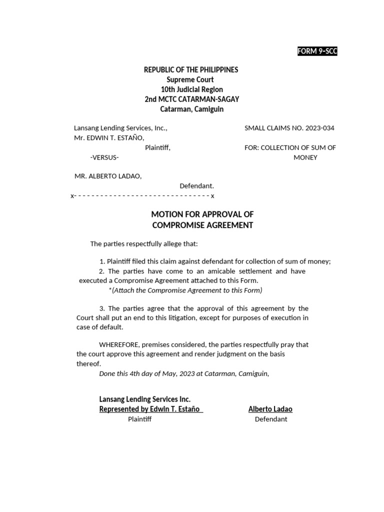 Motion for Compromise Agreement Approval | PDF
