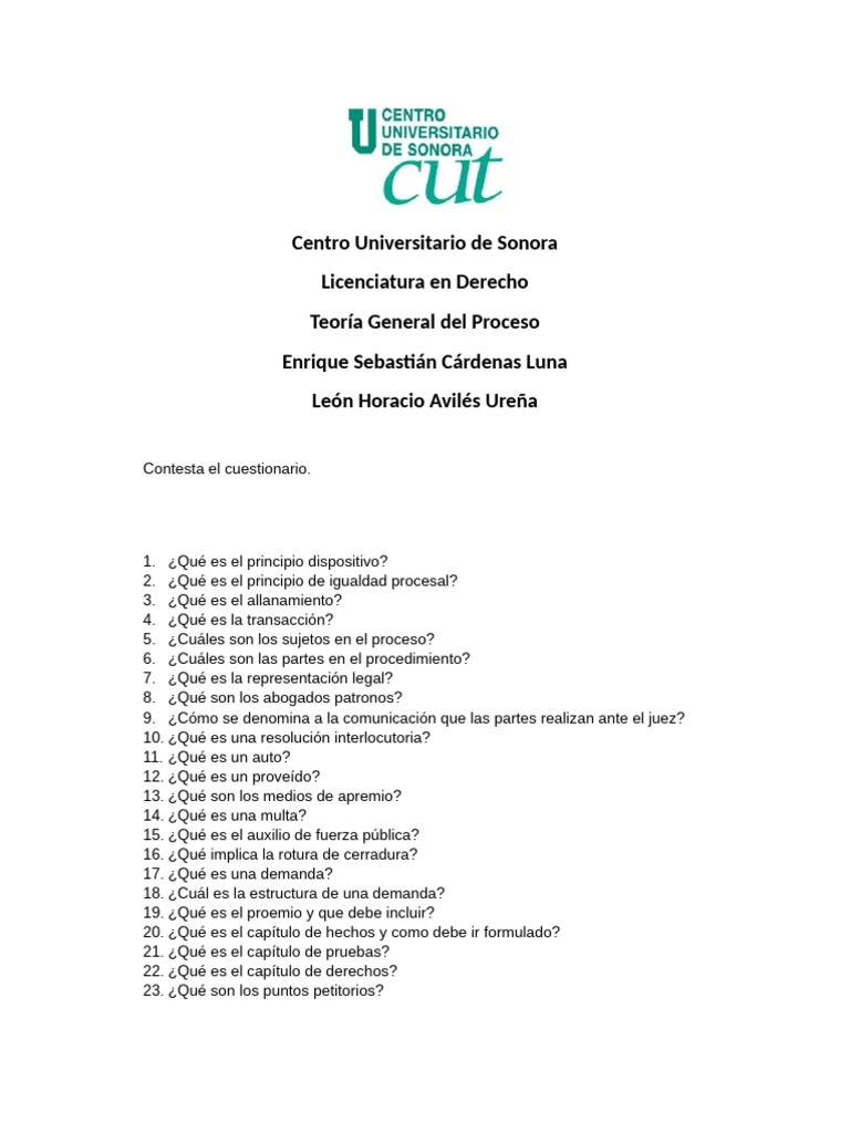 Cuestionario TGP 2 | PDF | Demanda judicial | Ley procesal