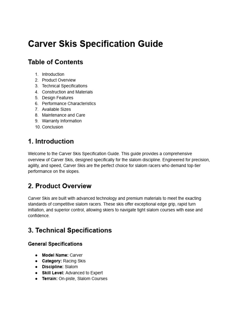 Carver Skis Specification Guide | PDF | Ski | Individual Sports