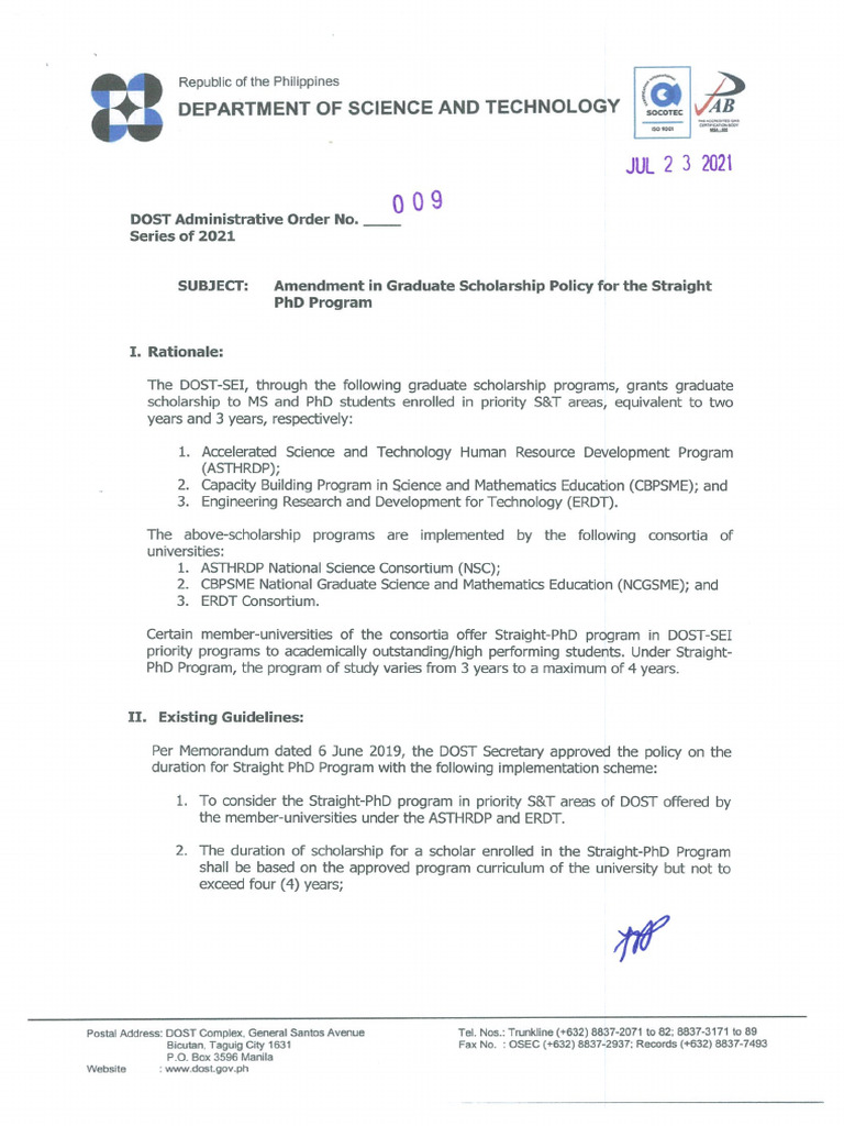 AO 009 Amendment in Graduate Scholarship Policy For Straight PHD ...