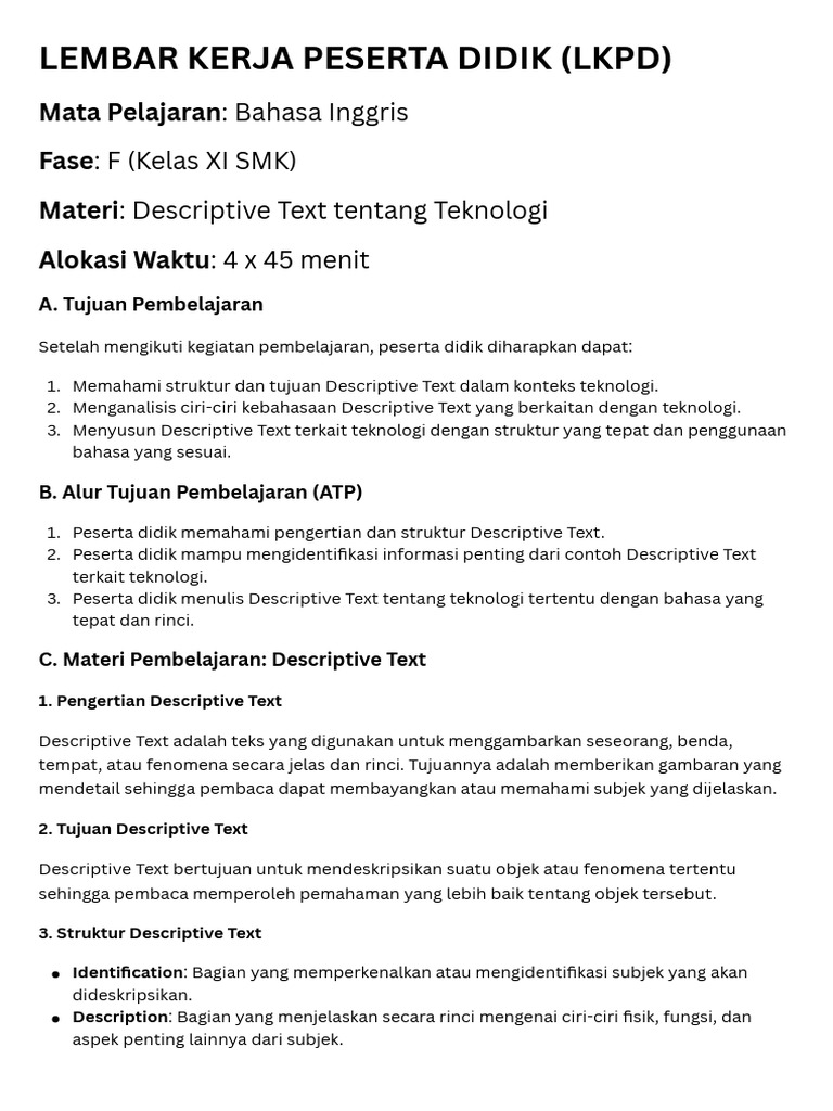 LKPD Descriptive Text Xi | PDF | Unmanned Aerial Vehicle | Linguistics
