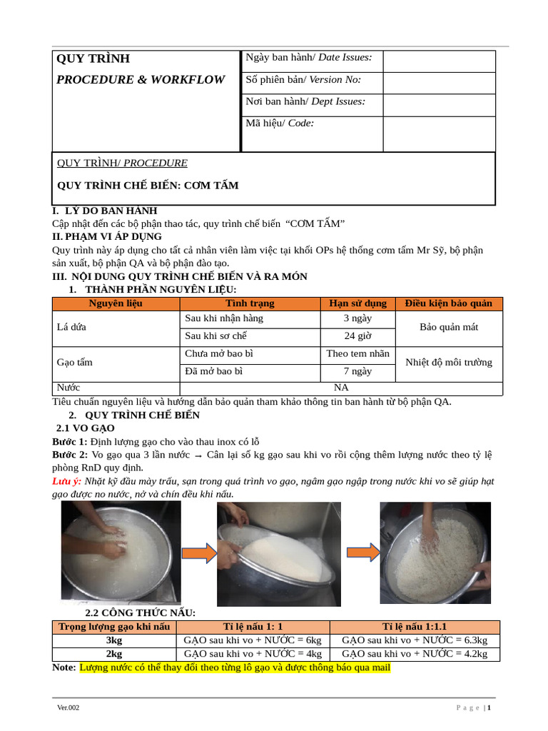 (QTCB) QUY TRÌNH CHẾ BIẾN CƠM TẤM (Nước Nóng) | PDF