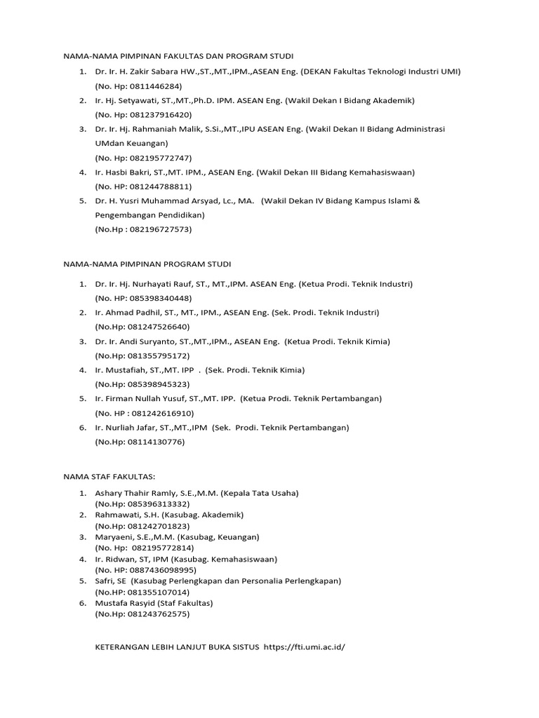 Daftar Nama Pimpinan Fakultas, Prodi, Dan Staf Fakultas | PDF