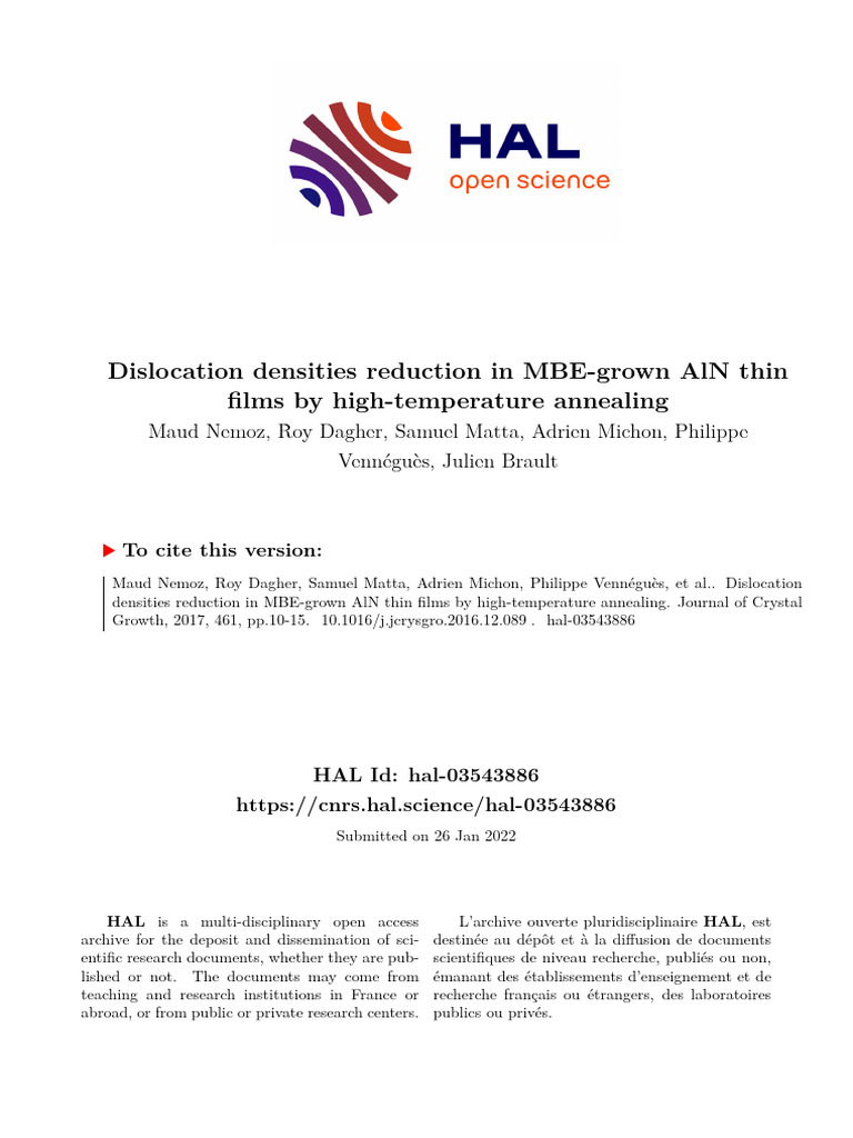 Dislocation densities reduction in MBE-grown AlN thin films by high-T anneling | PDF ...