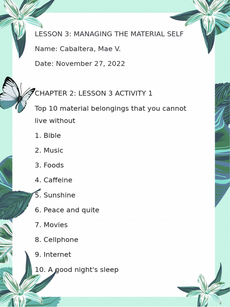 Activity Managing The Material Self | PDF