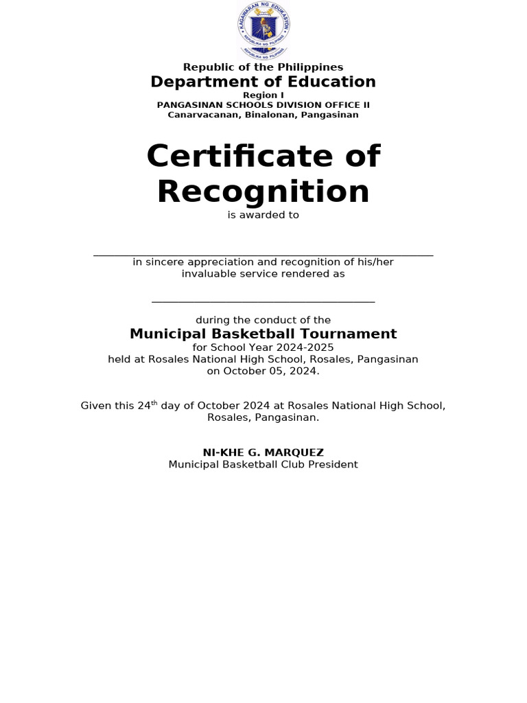 Certificate of Recognition for Basketball Service | PDF