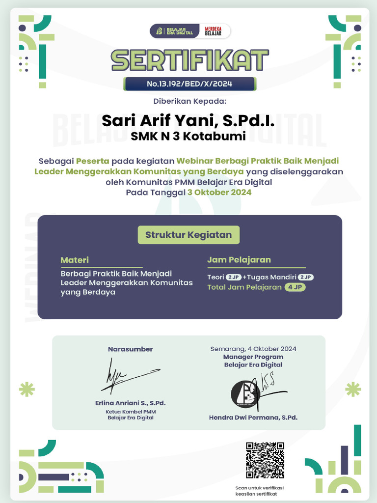 Sertifikat - Sari Arif Yani, S.Pd.I. | PDF