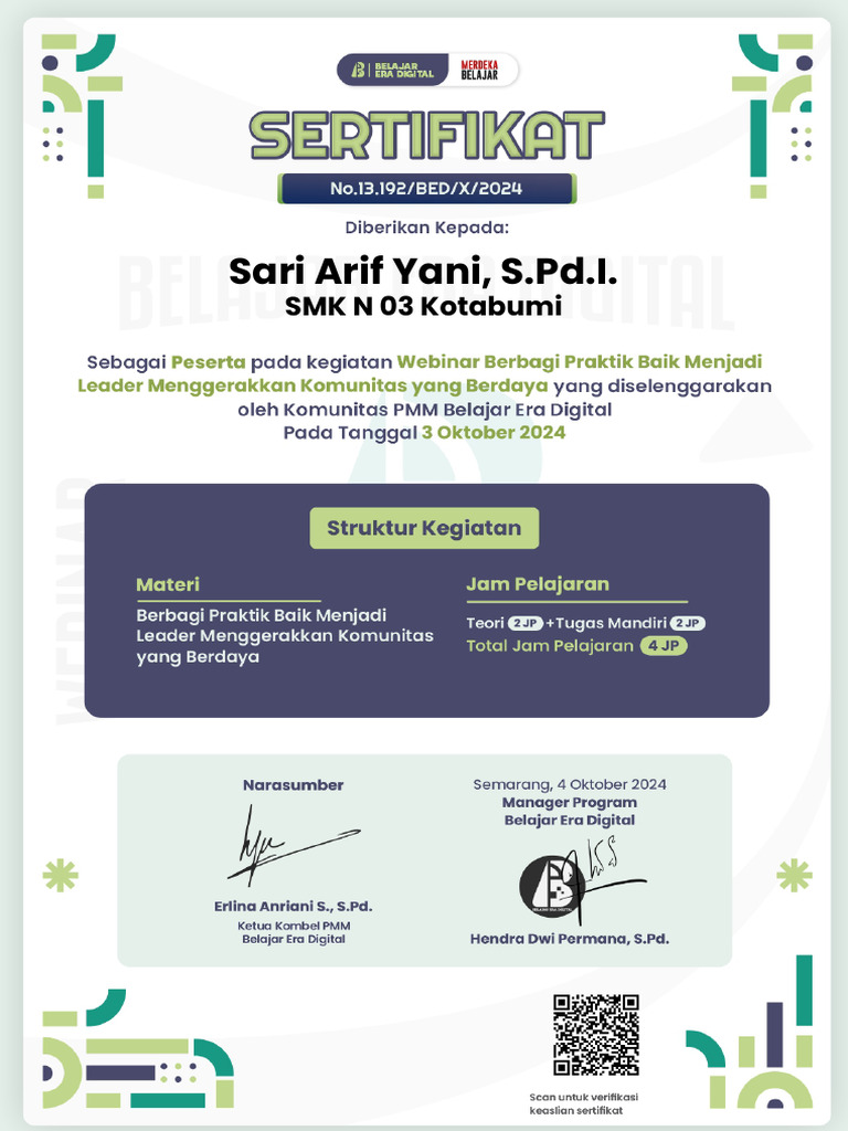 Sertifikat_Sari Arif Yani, S.pd.I-1 | PDF