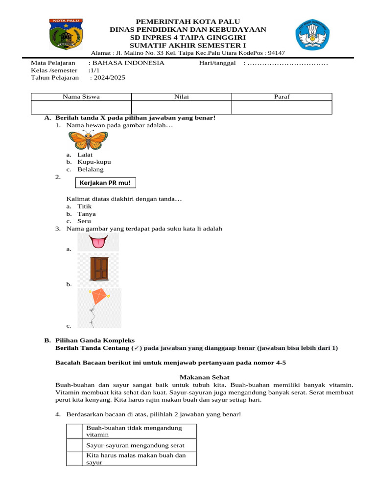 Soal Sas KLS 1 BHS Indonesia | PDF