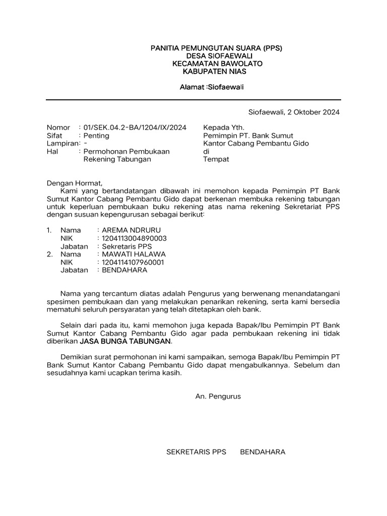 Contoh Surat Permohonan Pembukaan Rekening | PDF