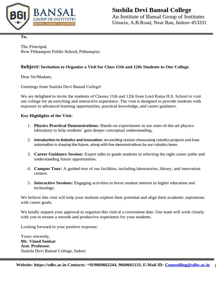 College Visit Invitation for Students | PDF