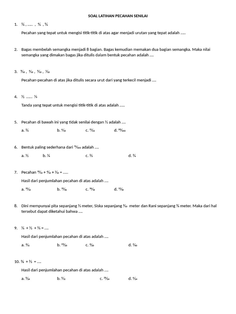 Soal Latihan Pecahan Senilai Kelas 4 SMT 1 | PDF