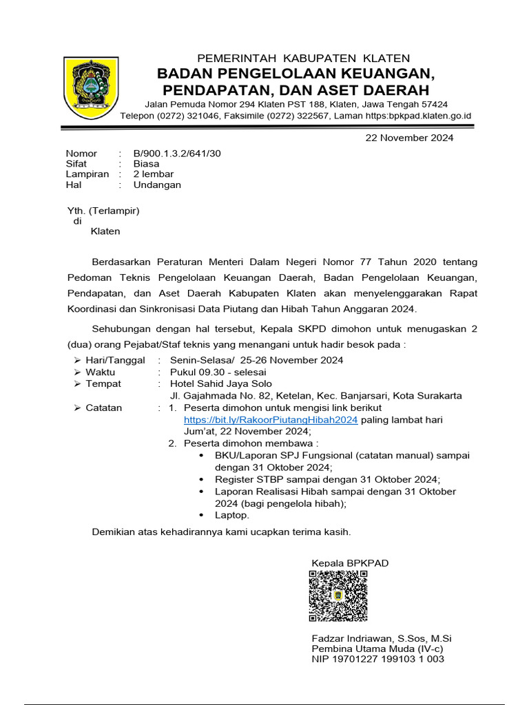 20241122112940surat Undangan Rapat Koordinasi&Sinkronisasi Data Piutang&Hibah TA 2024 Tte | PDF