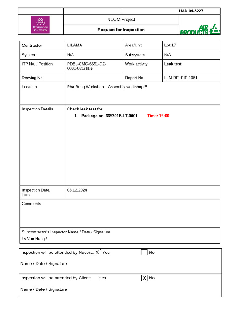 LLM-RFI-PIP-1351 RFI for Module Assembly_Check Leak Test _ 03.12.2024 | PDF