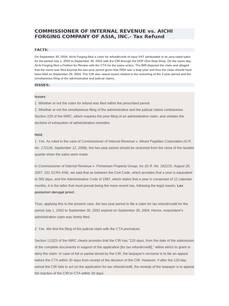 CIR v. AICHI Forging Company of Asia (632 SCRA 422) | PDF | Tax Refund ...
