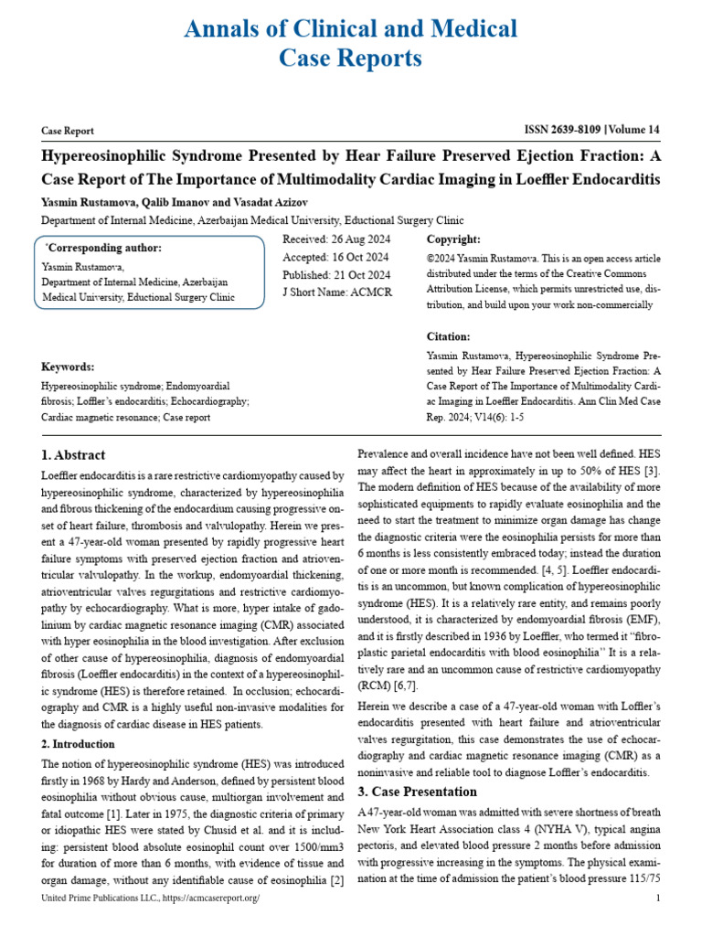 Hypereosinophilic Syndrome Presented by Hear Failure Preserved Ejection ...