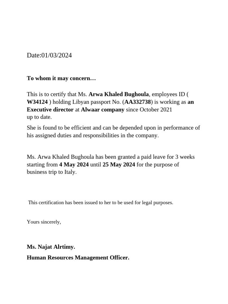 Certification of Arwa Khaled's Employment | PDF