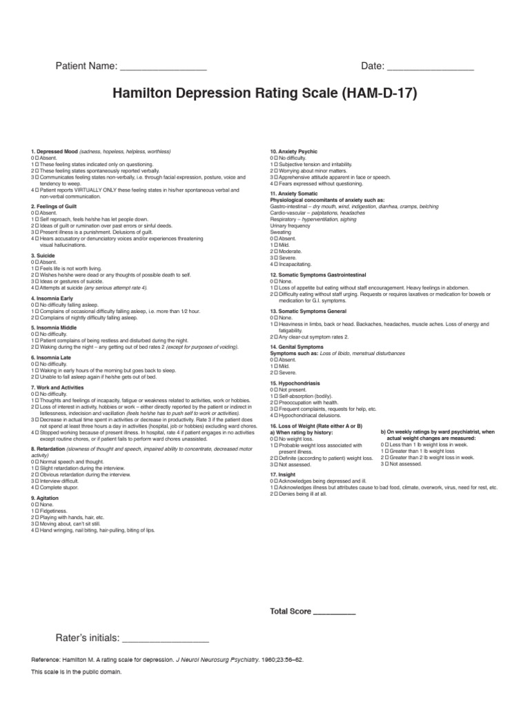 Hamilton-Depression-Rating-Scale,-17-Item-(HAM-D-17) | PDF | Mental ...