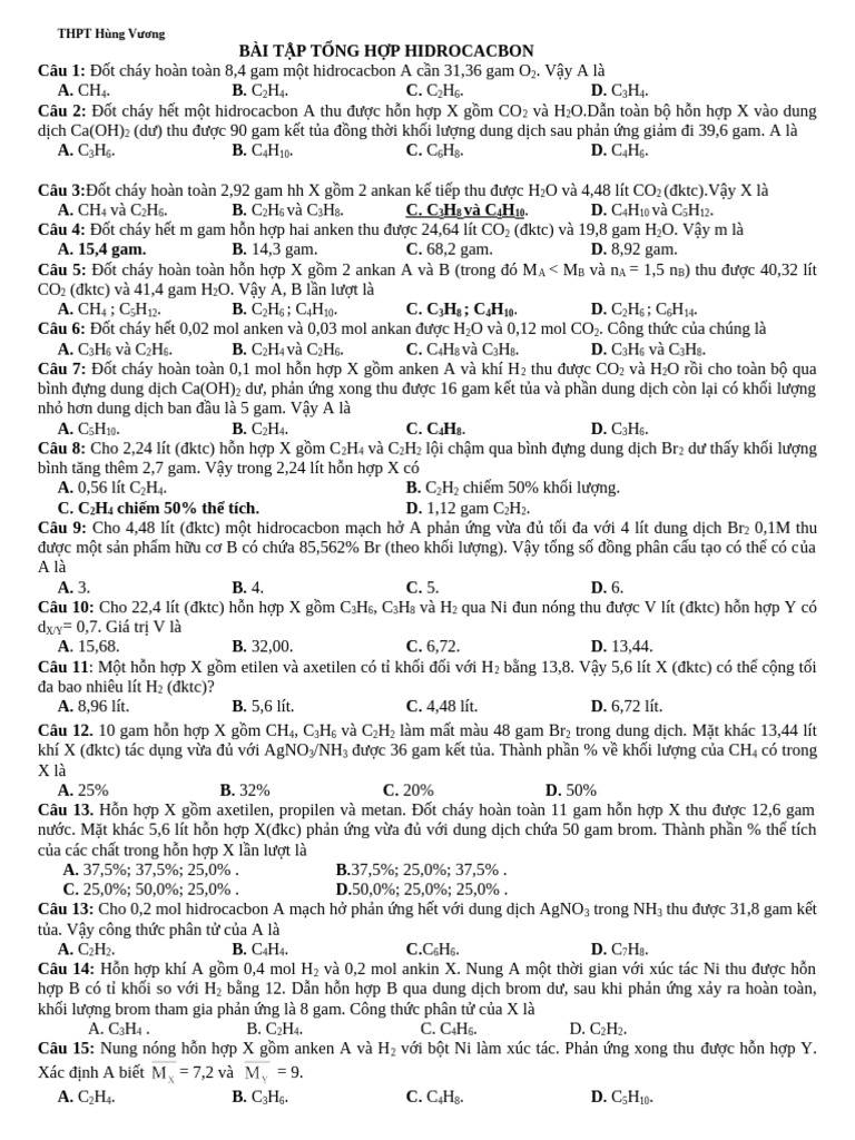 A2-BÀI TẬP TỔNG HỢP HIDROCACBON | PDF