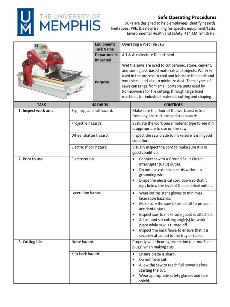 Wet Tile Saw Sop | PDF | Personal Protective Equipment | Safety