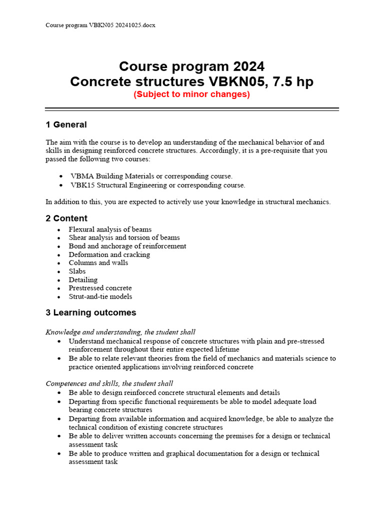 Course Program VBKN05 20241025 | PDF | Concrete | Reinforced Concrete