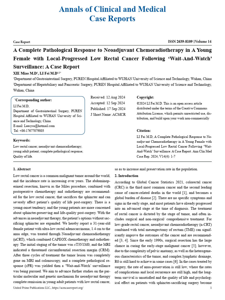 A Complete Pathological Response to Neoadjuvant Chemoradiotherapy in A Young Female with Local ...