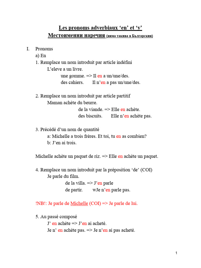 Pronoms adverbiaux 'en' et 'y' | PDF | Pronom | Complément d'objet
