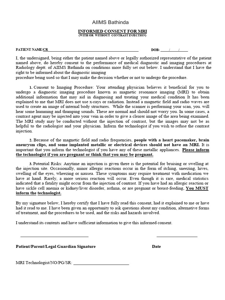 MRI Consent Information | PDF | Medical Imaging | Magnetic Resonance ...