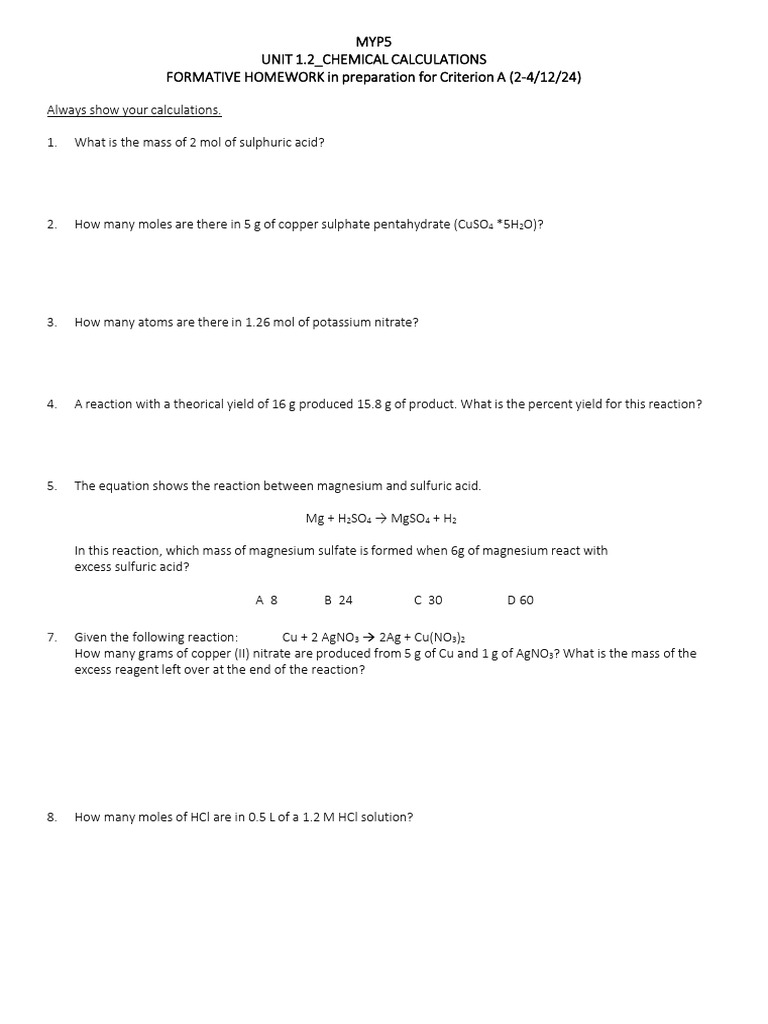 Chemistry Homework for MYP5 Students | PDF