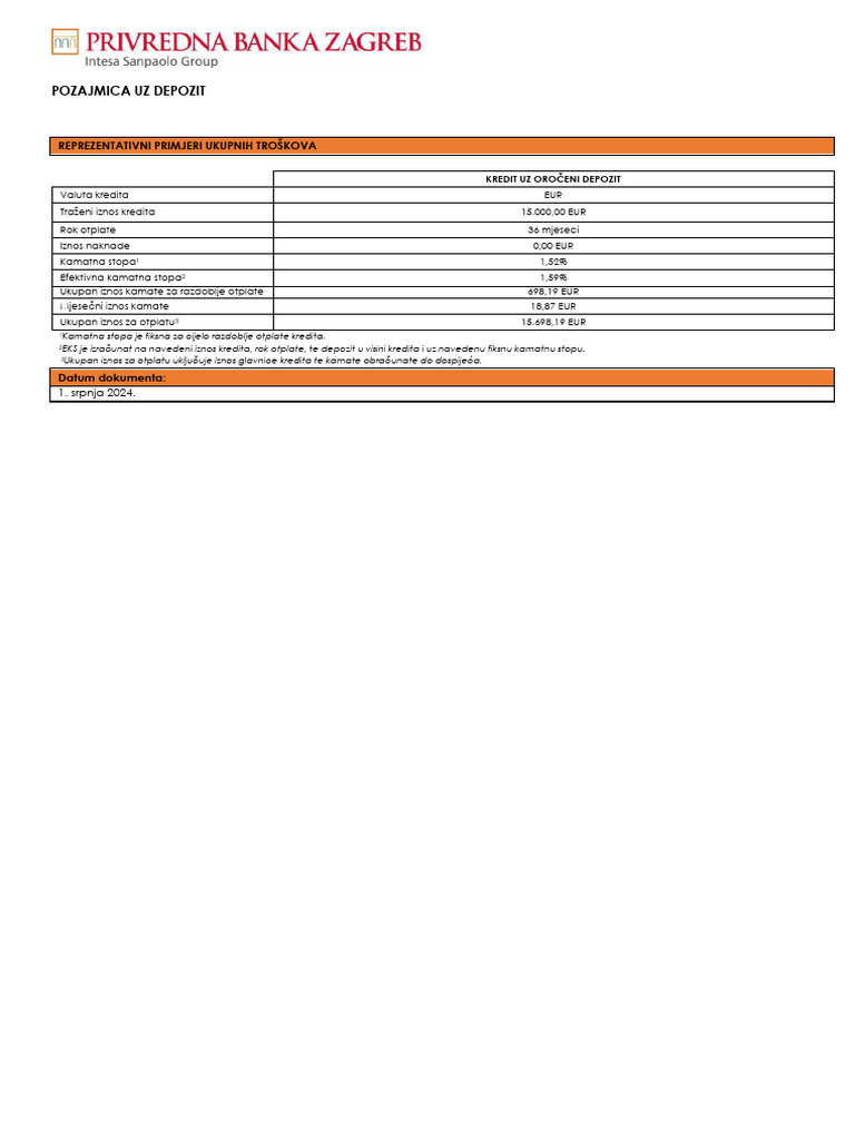 Reprezentativni Primjer Pozajmica Uz Depozit - 01072024 | PDF