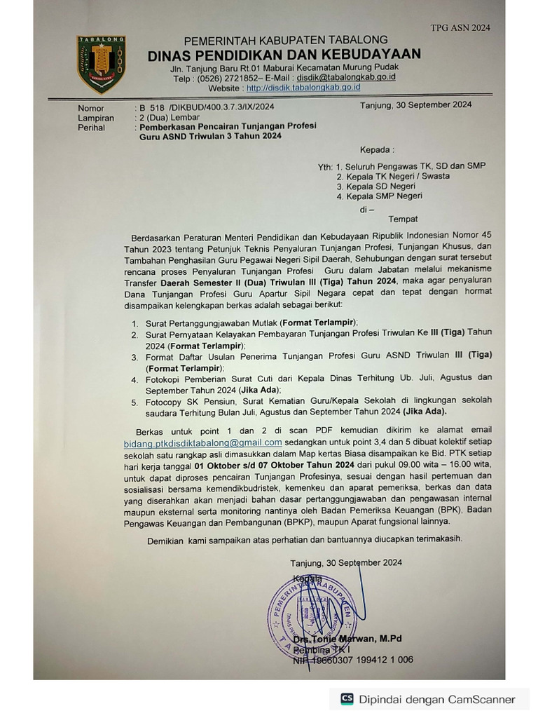 Surat Pemberkasan Pencairan TPG TW 3 Tahun 2024 | PDF