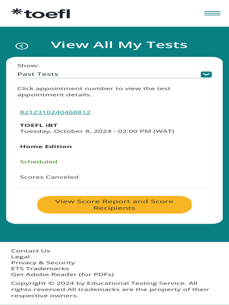 TOEFL iBT Test Appointment Details | PDF