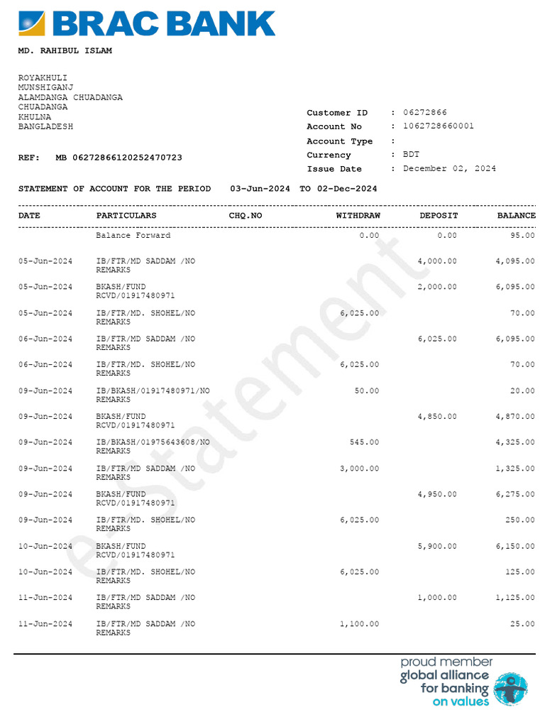 BRAC Bank Statement 000000 | PDF | Services (Economics) | Service ...