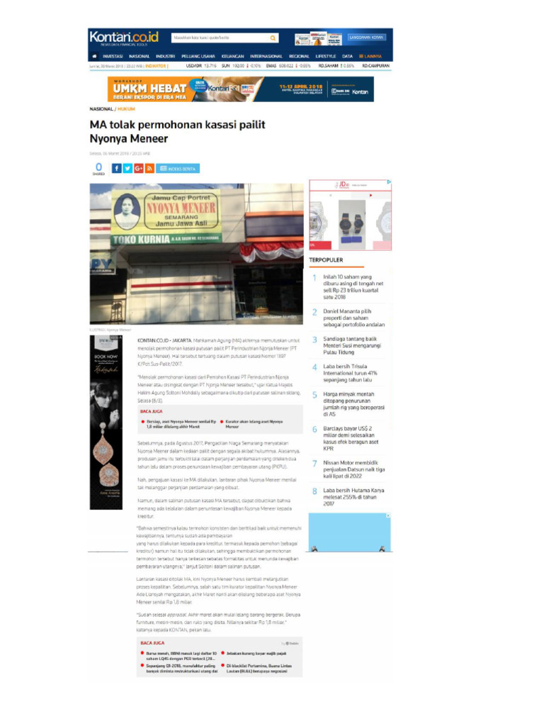 Berita - Permohonan Kasasi Pailit Nyonya Meneer Di Tolak MA | PDF