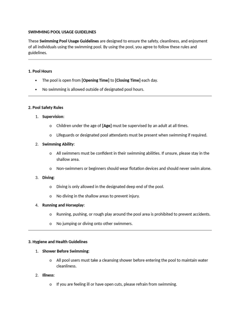 SWIMMING POOL USAGE GUIDELINES | PDF | Swimming | Swimming Pool