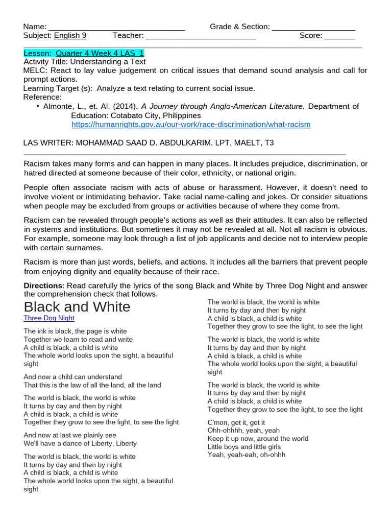 Grade-9-Week-4 | PDF | Racism | Discrimination & Race Relations