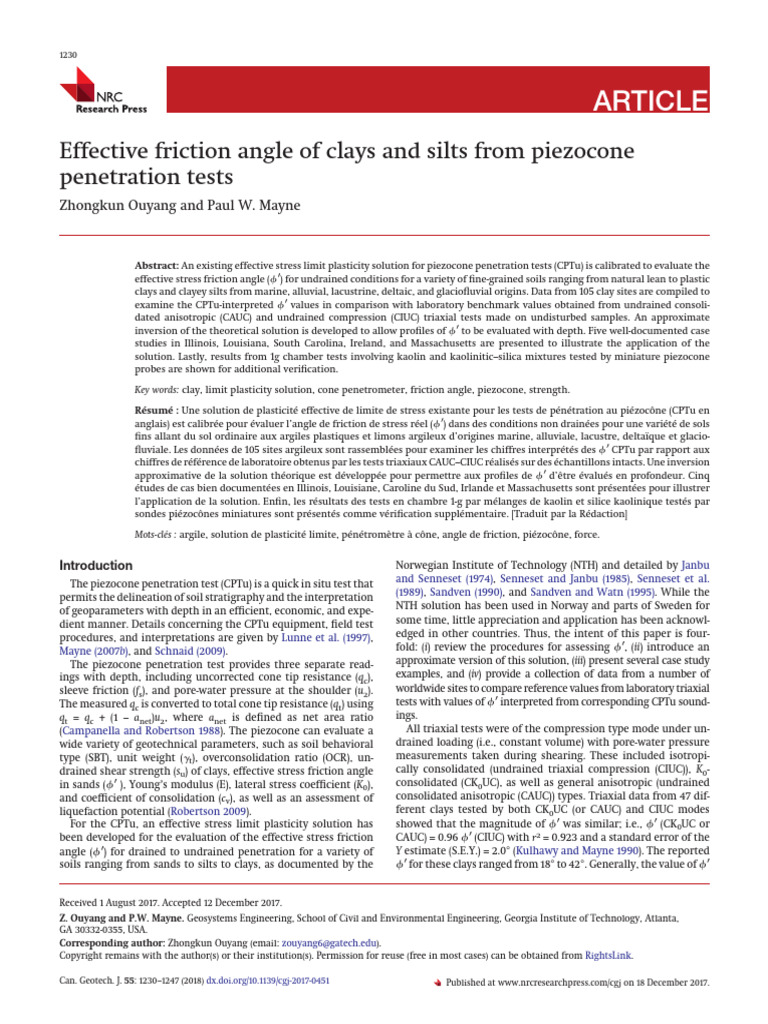 Ouyang Mayne 2017 Effective Friction Angle of Clays and Silts From ...
