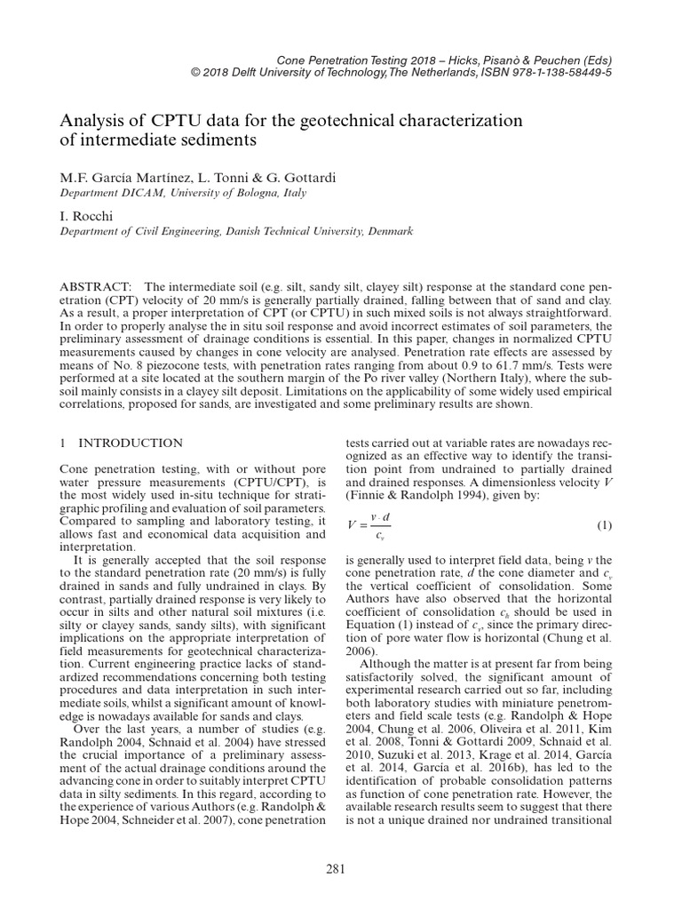 Analysis of CPTU data for the geotechnical characterization of intermediate | PDF | Silt | Soil