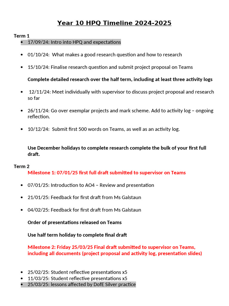 HPQ Timeline 2024-25 | PDF