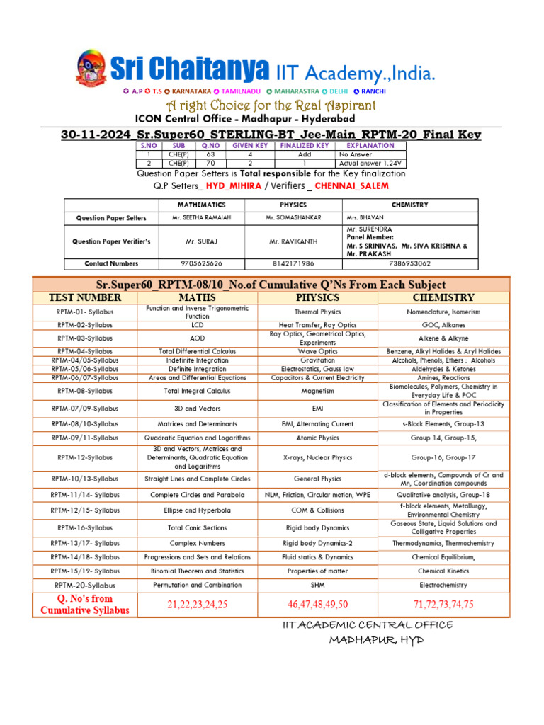 30-11-2024 SR - Super60 Sterling-Bt Jee-Main Rptm-20 Final Key | PDF ...