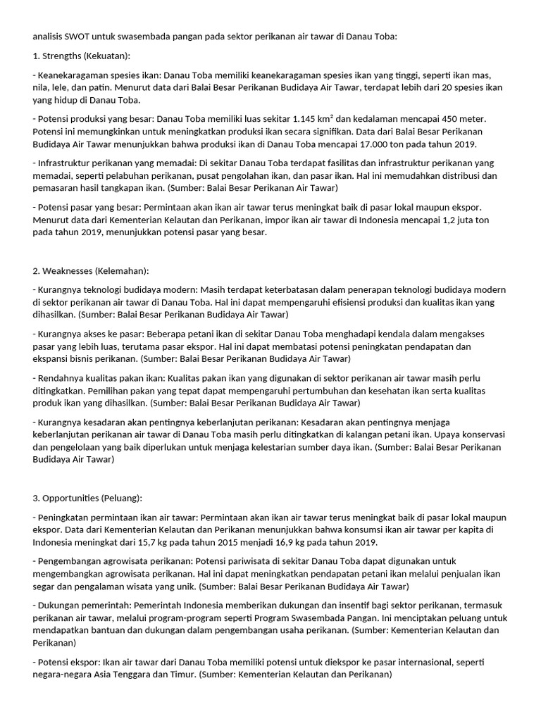 Analisis SWOT Perikanan Danau Toba | PDF