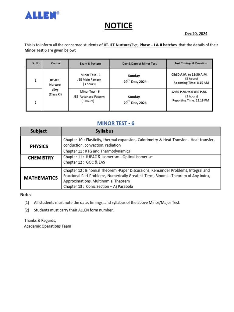1_JEE_Notice(M+A)_Nurture_Reg Evg_Phase-I & 2_Minor Test_6 on 29-Dec ...