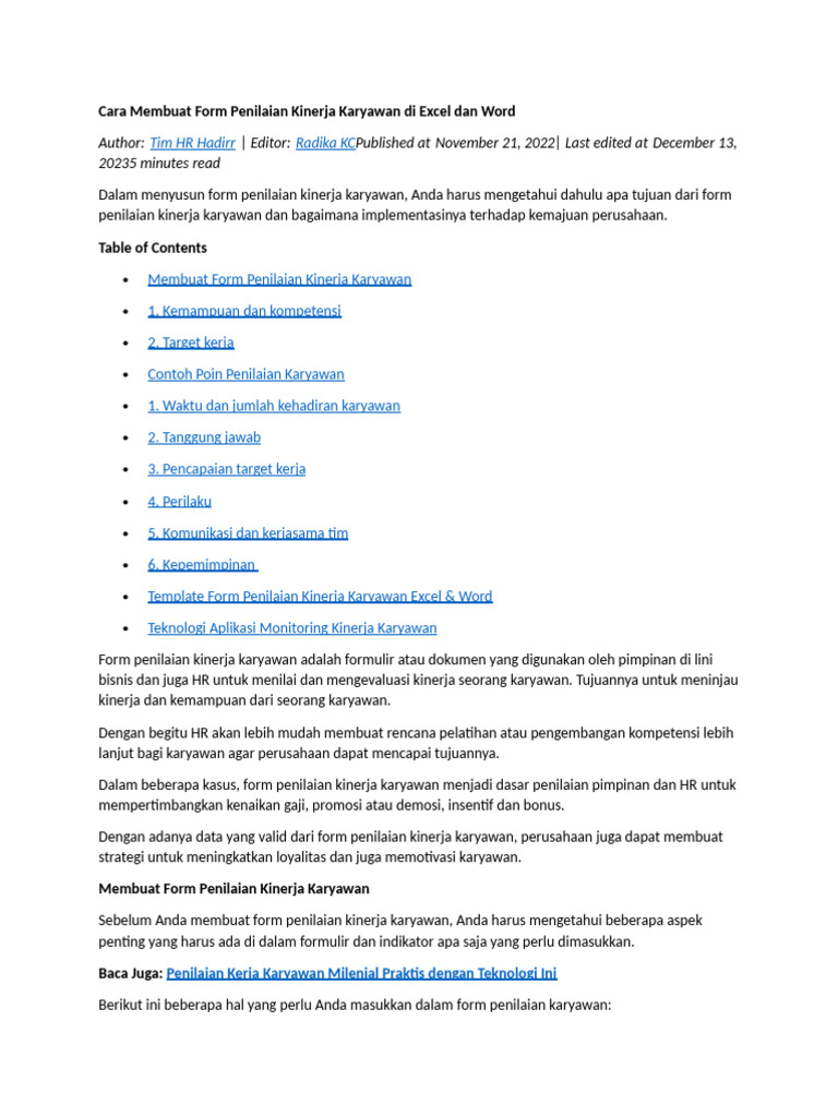 Cara Membuat Form Penilaian Kinerja Karyawan Di Excel Dan Word | PDF