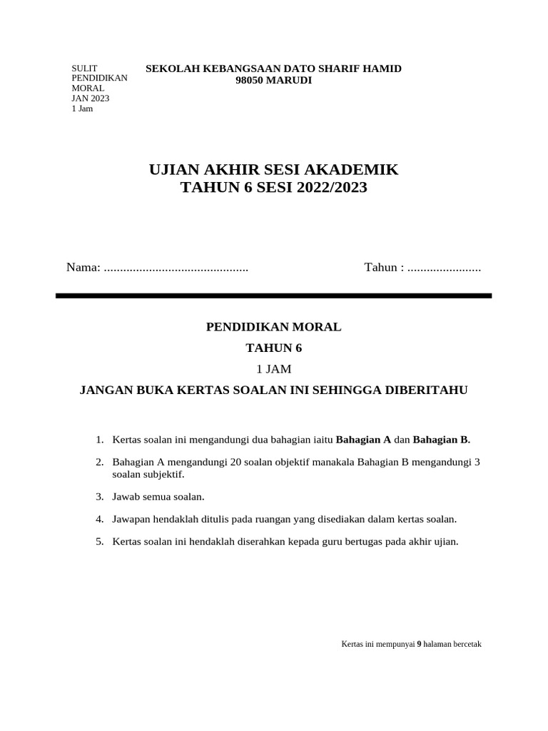 Kertas Peperiksaan Pend Moral t6 | PDF
