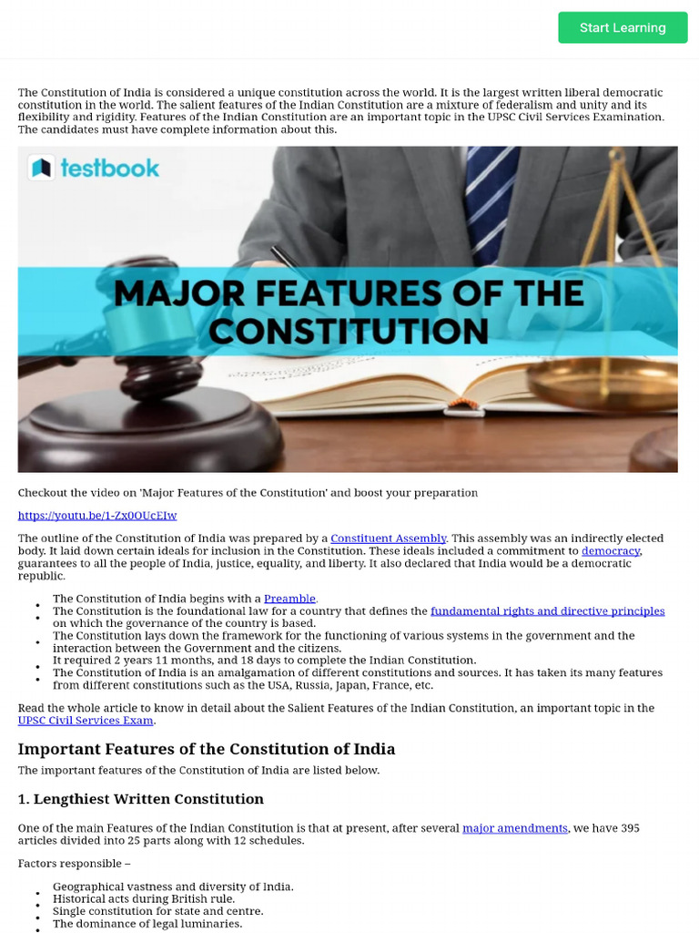 Important Features of The Constitution of India - Learn in Detail | PDF