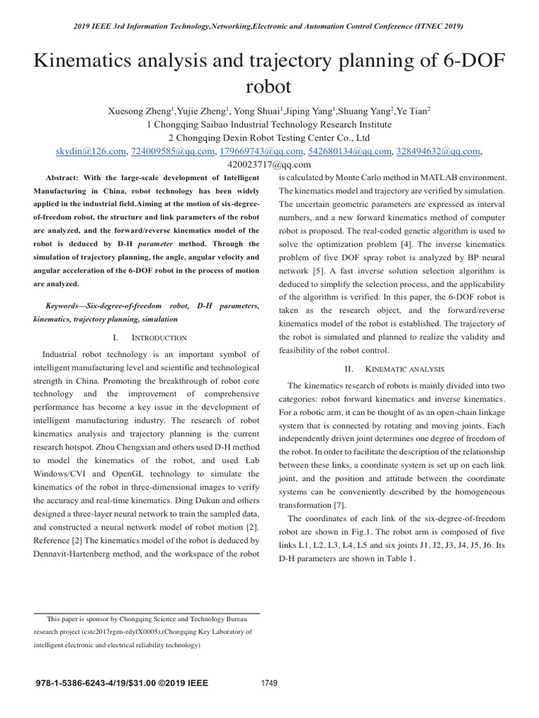 Kinematics Analysis and Trajectory Planning of 6-DOF | PDF | Kinematics | Acceleration