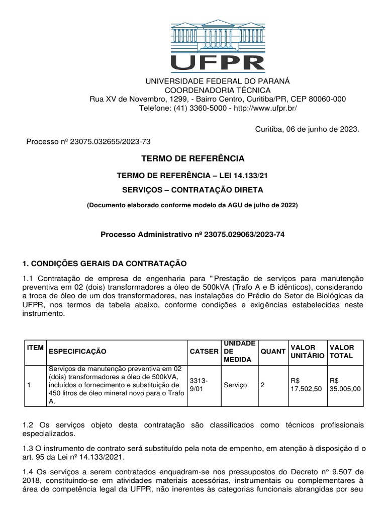 TERMO DE REFERENCIA UFPR ENG. ELETRICA | PDF