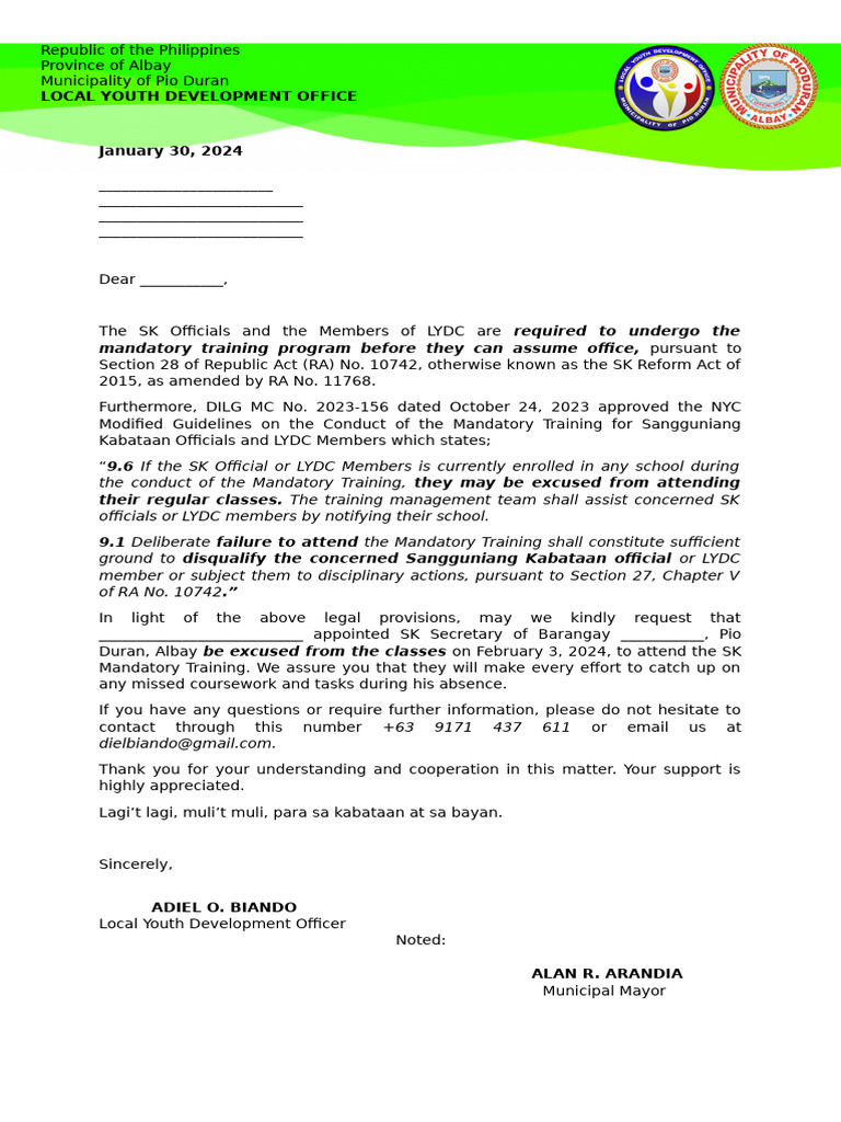 SK Mandatory Training Request Letter | PDF